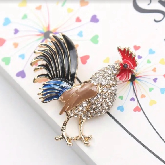 Jewelry | Nwot Colorful Rooster Brooch With Rhinestone Detail | Poshmark